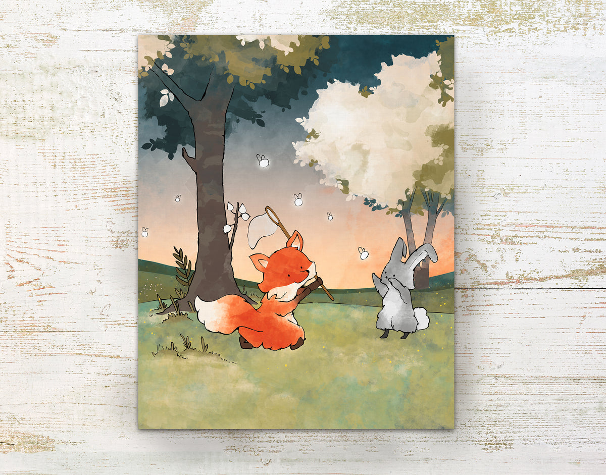 Fox and Rabbit Chasing Fireflies Illustration– Lower Woodland Studio