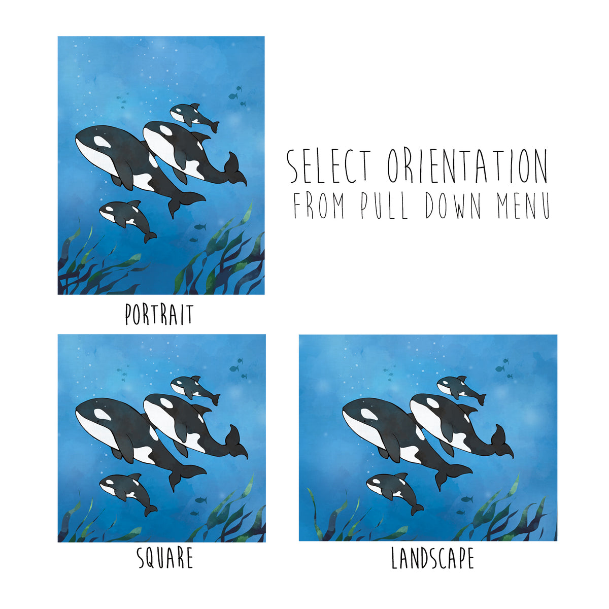 Orca Family Art Print - Swimming in the Ocean– Lower Woodland Studio